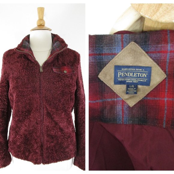 Pendleton | Jackets & Coats | Pendleton Red Maroon Plaid Fuzzy Full Zip ...